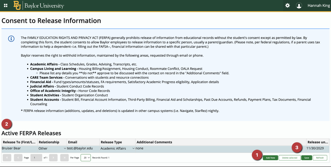 BearWeb FERPA Release Form | Office of the Registrar | Baylor University
